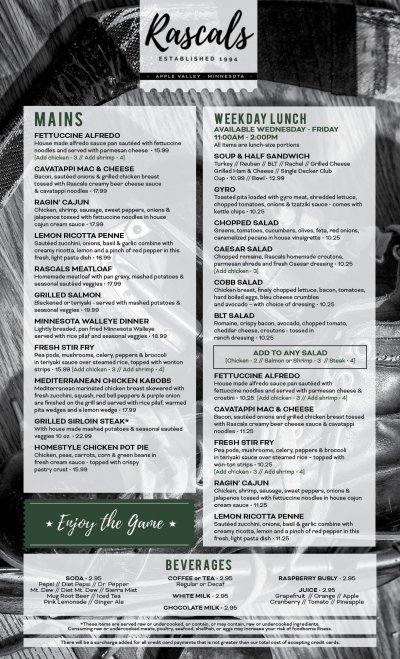 Main Menu | Rascal's Bar & Grill