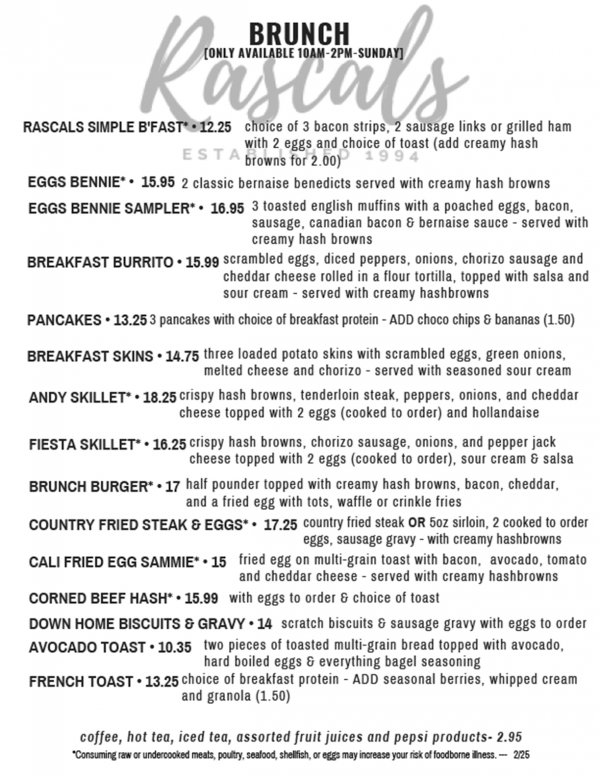 Brunch Menu | Rascal's Bar & Grill
